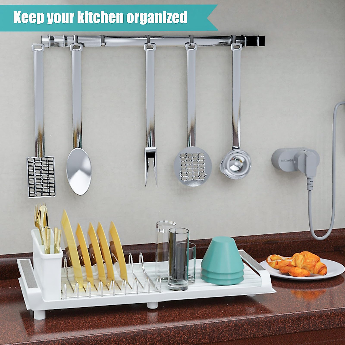 Extendable Dish Drying Rack,Space-Saving Multifunctional Compact Dish Racks for Kitchen Counter,in Sink Small Dish Drying Rack, Auto-Drain Stainless Steel Dish Strainers with Utensil Caddy (White)