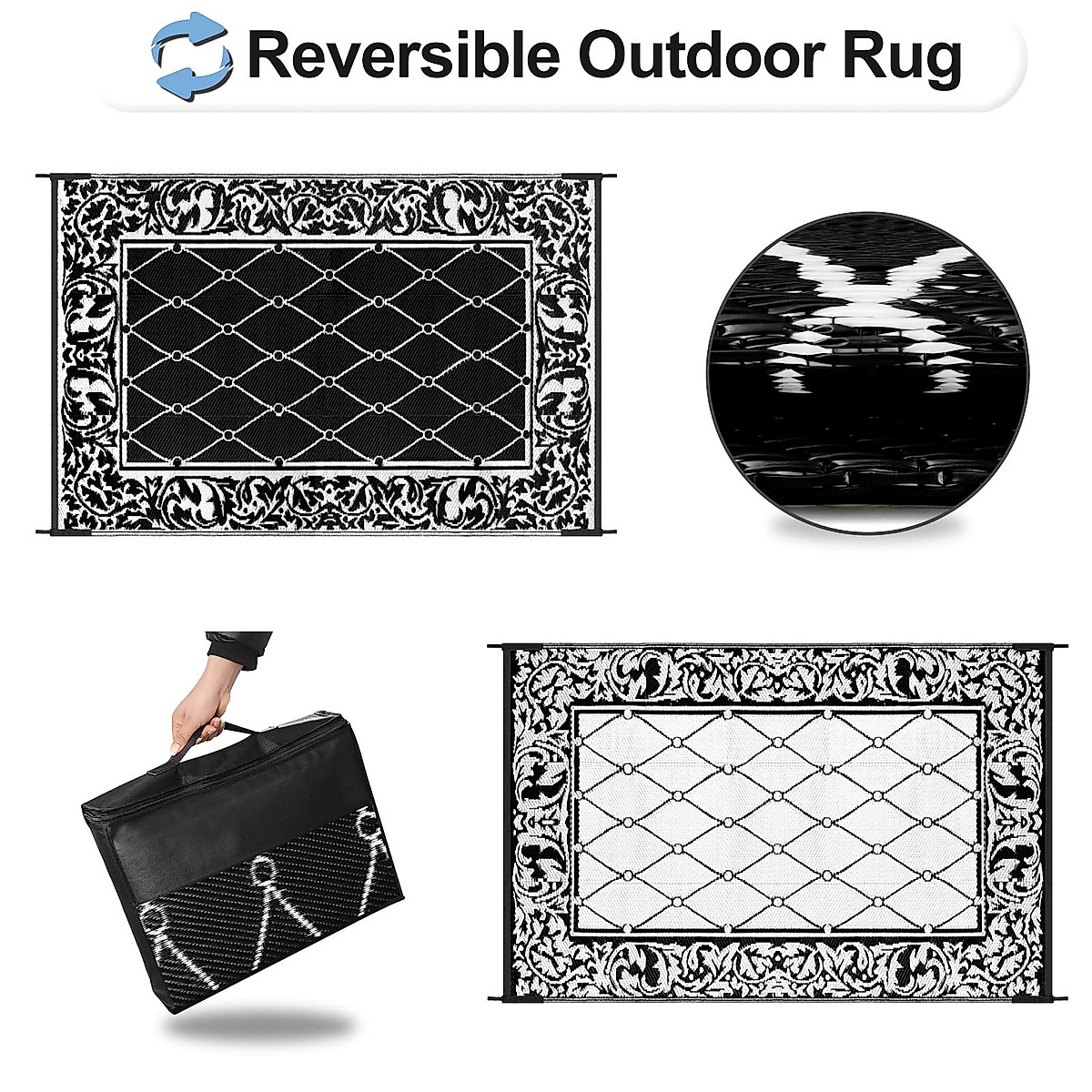 OutdoorLines Indoor Outdoor Rugs for Patio 5x8 ft - Reversible Outside Carpet, Stain & UV Resistant Portable RV Mats, Plastic Straw Rug for Camping, Pool Deck, Porch Rhombus Black & White