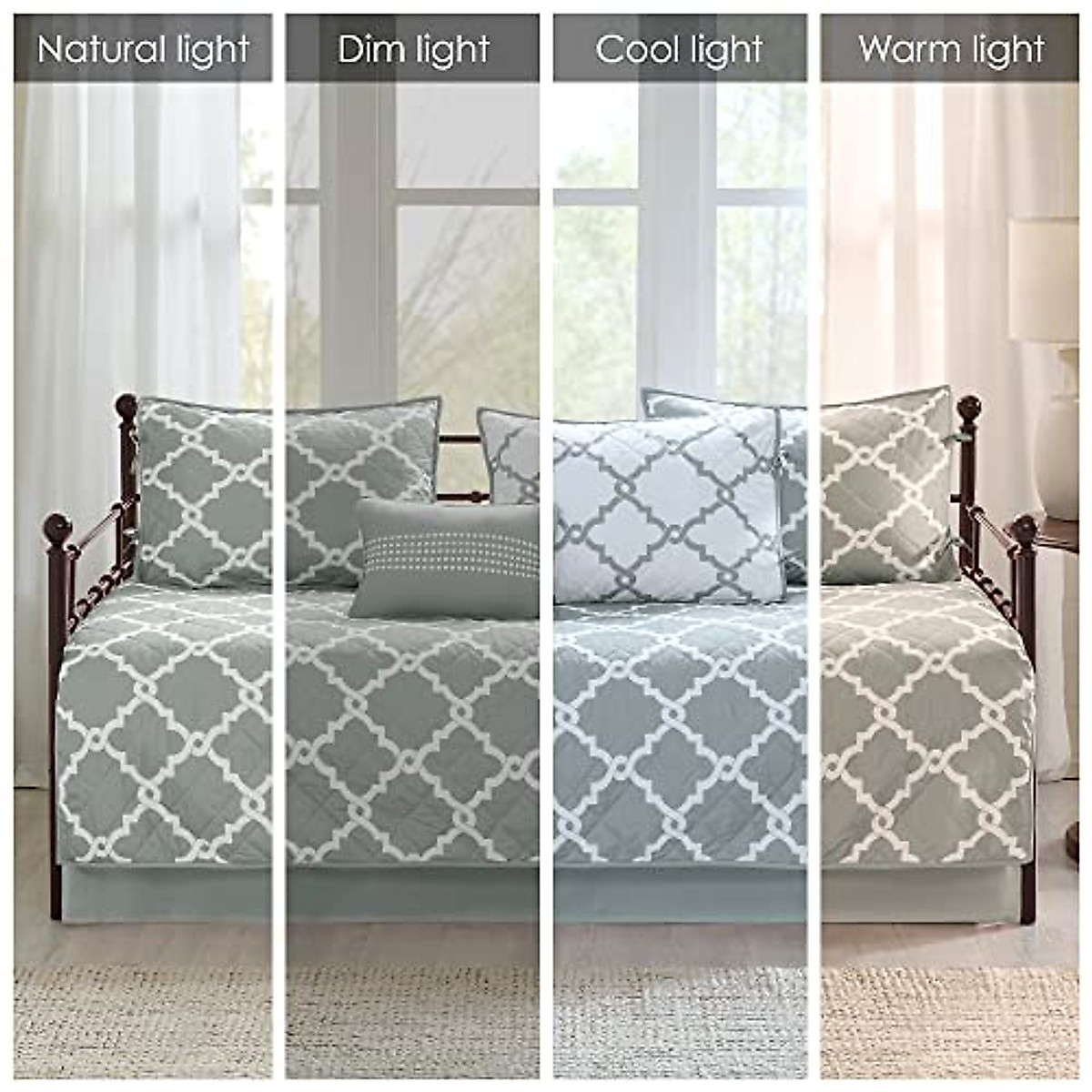 Madison Park Essentials Merritt Reversible Daybed Cover-Fretwork Print, Diamond Quilting All Season Cozy Bedding with Bedskirt, Matching Shams, Decorative Pillow, 75"x39", Grey 6 Piece