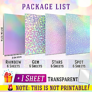 Koala Holographic Laminate Sheets A4 Clear Holographic Sticker Paper 25 Sheets Self Adhesive Transparent Waterproof Holographic Overlay for Sticker Paper - Gem, Dot, Rainbow, Star Patterns