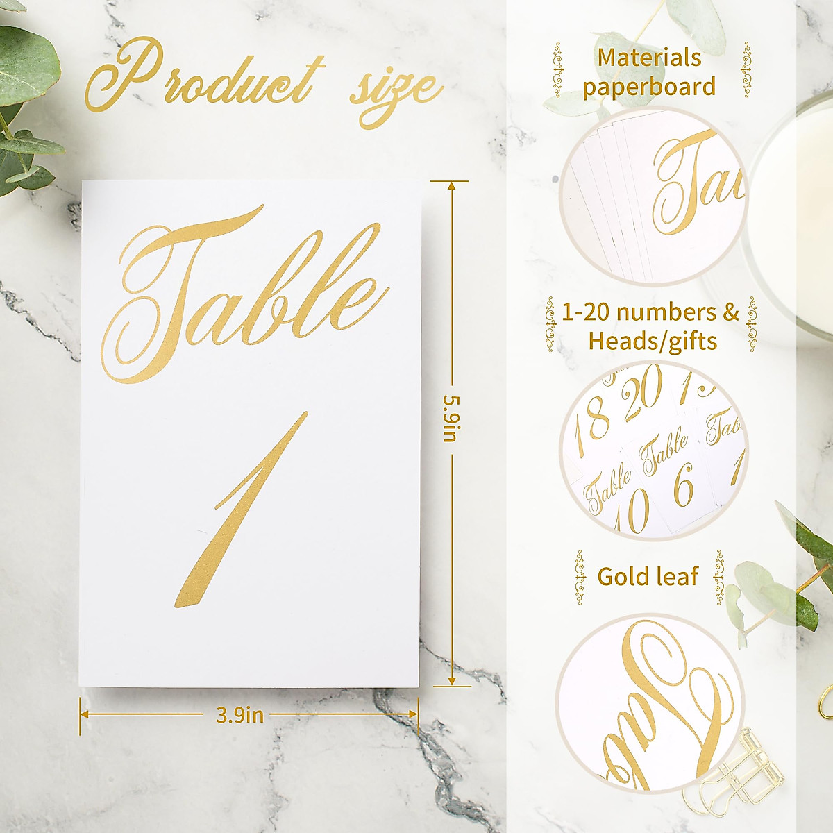 Generic Wedding Table Numbers 1-20| Gold Table Numbers for Party, Centerpiece, Wedding Reception, Birthday, Anniversry - Elegant Seating Chart Display Cards for Table Number Holders