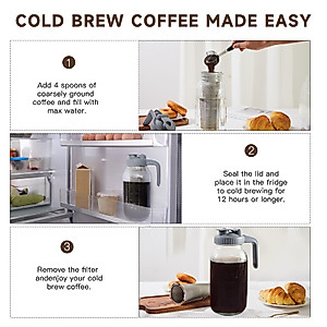 Xylanor Cold Brew Coffee Maker Pitcher, 64 OZ Heavy Duty Glass Wide Mouth Mason Jar Pour Spout Airtight Lid with Stainless Steel Infuser Filter for Iced Coffee, Ice Tea, Brewed Making