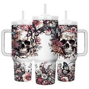 Equoza Horror Gifts Idea for Men - 40oz Gothic Skulls Stainless Steel Travel Mug Tumbler with Handle, Double Wall Vacuun Insulated Cup with Lid and Straw