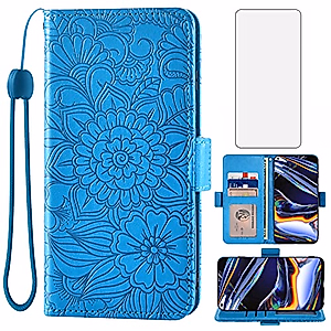 Asuwish Compatible with Oppo Realme 7 Pro Wallet Case and Tempered Glass Screen Protector Card Holder Stand Magnetic Wrist Strap Detachable PU Leather Flip Phone Cover for Realme7 7Pro Women Men Blue