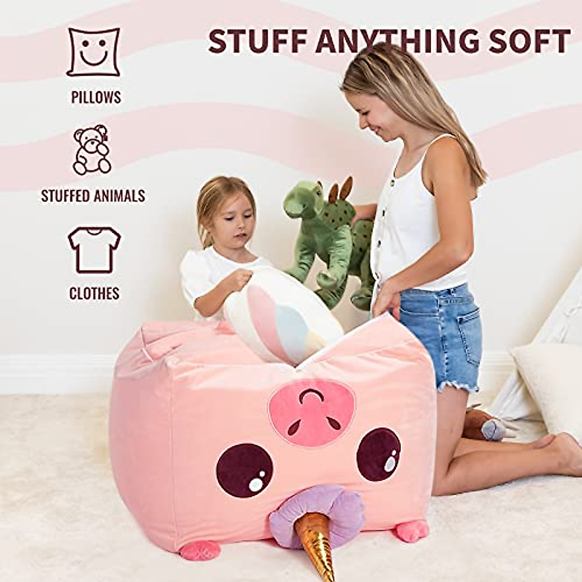 Aubliss Unicorn Stuffed Animal Storage Bean Bag Chair for Kids, Velvet Extra Soft Beanbag Chairs Cover, X-Large Stuffable Zipper Bean Bag for Organizing Plush Toys Girls Bedroom Decor, Pink