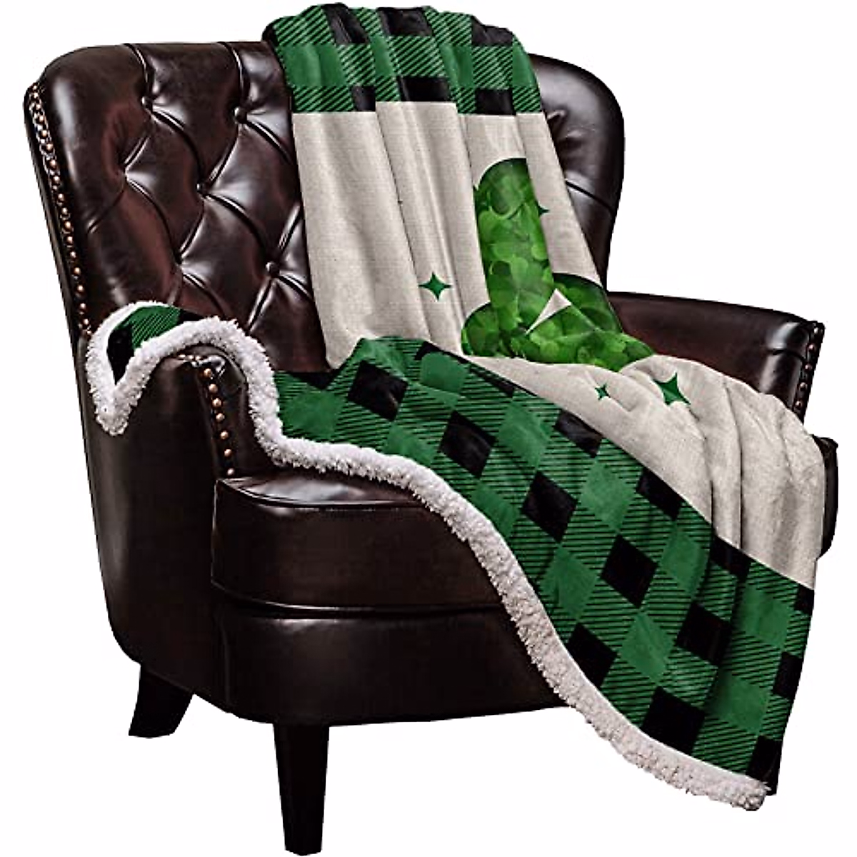 Sherpa Fleece Throw Blanket Irish Saint Patricks Green Shamrock,Super Soft Luxury Reversible Blankets Warm Cozy Throws for Sofa Couch Bed Holiday Light Clover Black Plaid Vintage Cotton Linen 50x80in