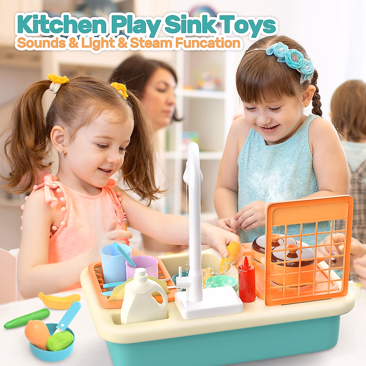 CUTE STONE Kitchen Sink Toys with Running Water, Play Sink with Upgraded Electric Faucet, Play Cooking Stove, Pot and Pan W/ Spray Realistic Light & Sound, Kids Kitchen Role Play Dishwasher Toys