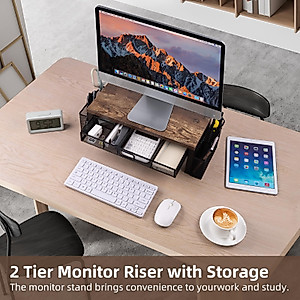 Joyask Computer Monitor Stand Riser for Desk 2 Tier Monitor Shelf for PC Screen Laptop Wooden Desktop Monitor Riser with Drawer Storage Multifunctional Computer Screen Stand Fits Home & Office