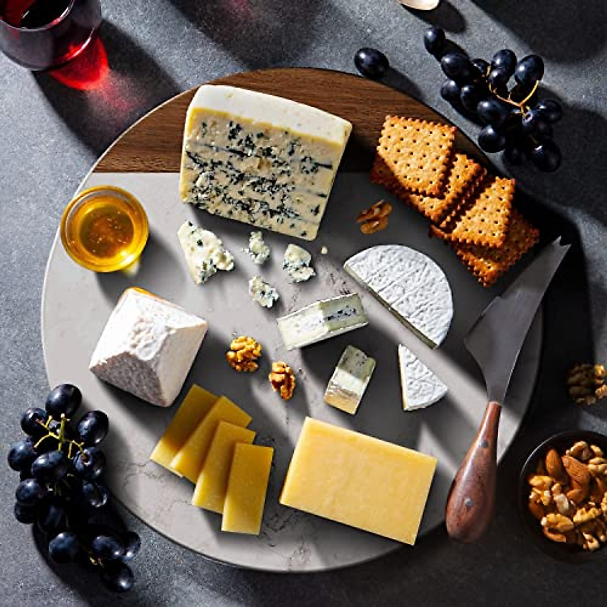 Flexzion Round Marble Cheese Board - 11 Inch White Marble and Wood Cheese Board for Charcuterie, Cheese, Cutting, Pastry, Trivet - Non-Stick and Heat Resistant Marble Board