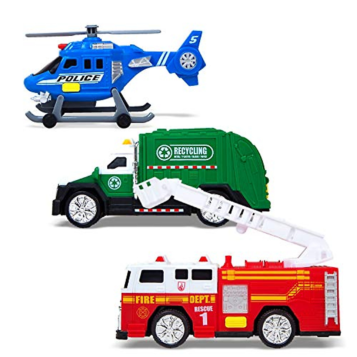 Boley City Vehicles - 3 Pack Toy Trucks and Helicopter - Fire Truck, Recycle Dump Truck, and Police Helicopter Car Set - Toy Cars for 3 Year Old Boys/Girls and Up