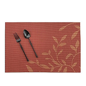 Gugrida Place Mats PVC Set of 6, Table Placemats Set of 6 PVC Woven Vinyl Place Mats Table Mats Natural Color (6 pcs, Oriange Leaves)