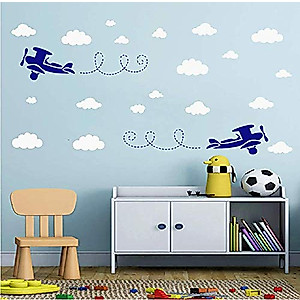 Kids Room Wall Sticker Two Aircrafts with Clouds Wall Decor for Boys Bedroom Wall Sticker Airplane Sky Decoration AM177 (Blue Airplane/White Clouds)