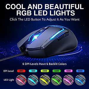 BENGOO Wired Gaming Mouse, PC Computer Mice USB Mouse with 6 RGB LED Modes, High-Precision 6 Adjustable DPI Up to 8000, 7 Programmable Buttons, Ergonomic Optical Mouse for Windows PC Mac Laptop Gamer