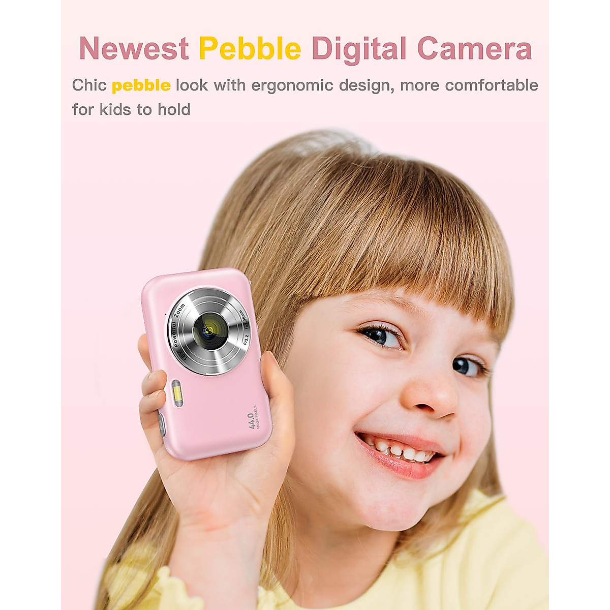 Digital Camera, FHD 1080P Kids Camera with Neck Lanyard 32GB Card Battery, Anti-Shake 16X Digital Zoom, 44MP Point Shoot Cameras, Compact Portable Small Gift Camera for Kid Teen Student Girl Boy(Pink)