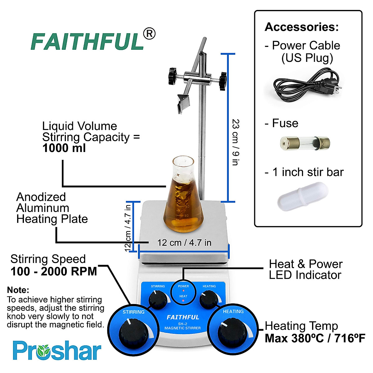 FAITHFUL SH-2 Hot Plate Magnetic Stirrer with Dual Control and 1 Inch Stir Bar C3 - 110V