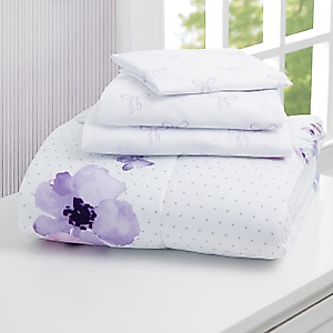 Delta Children 4 Piece Toddler Bedding Set for Girls - Reversible 2-in-1 Comforter - Includes Fitted Comforter to Keep Little Ones Snug, Bottom Sheet, Top Sheet, Pillow Case - Purple Bouquet