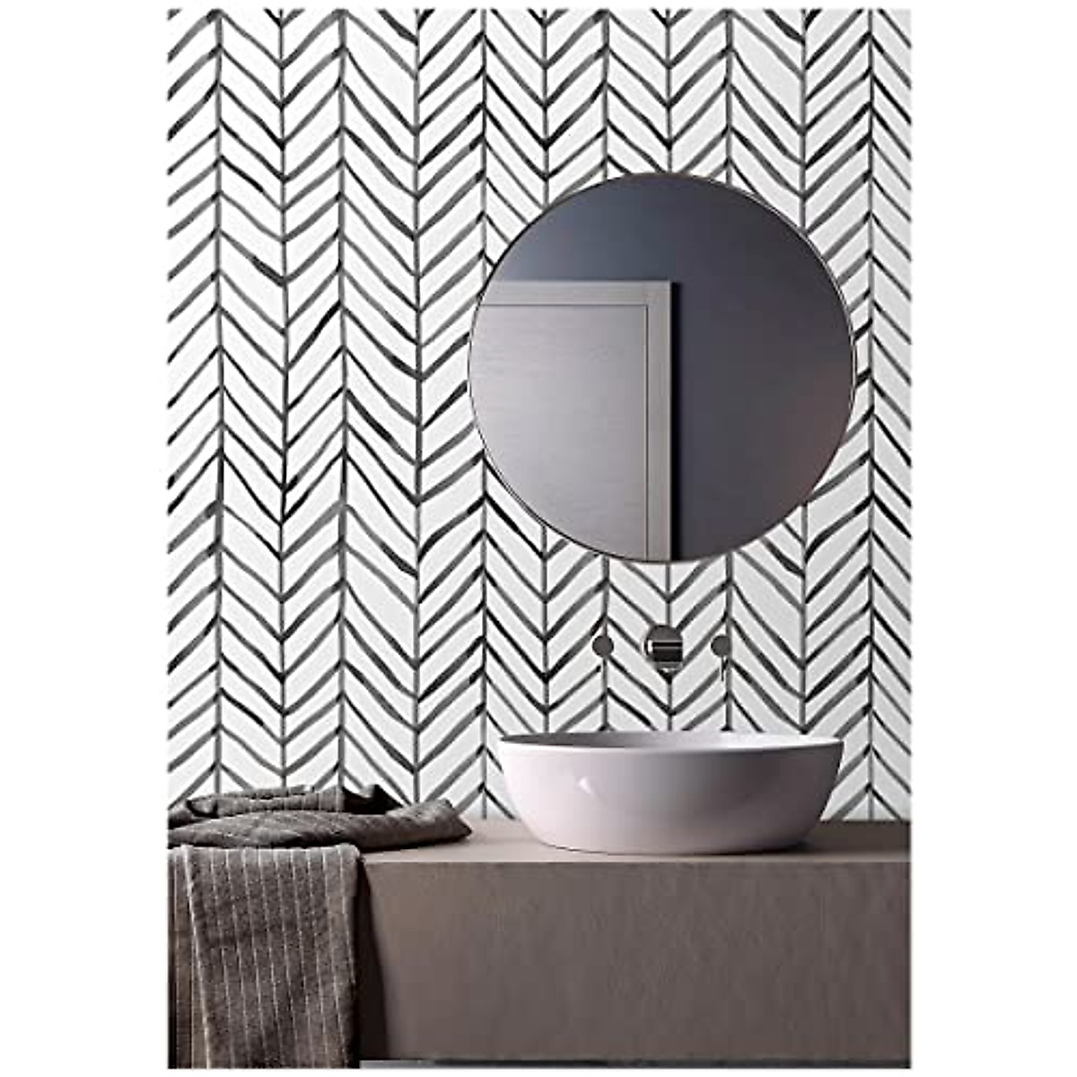 HAOKHOME 96020-1 Boho Stripe Peel and Stick Wallpaper Herringbone Black White Vinyl Self Adhesive Room Decor Contact Paper 17.7in x 9.8ft