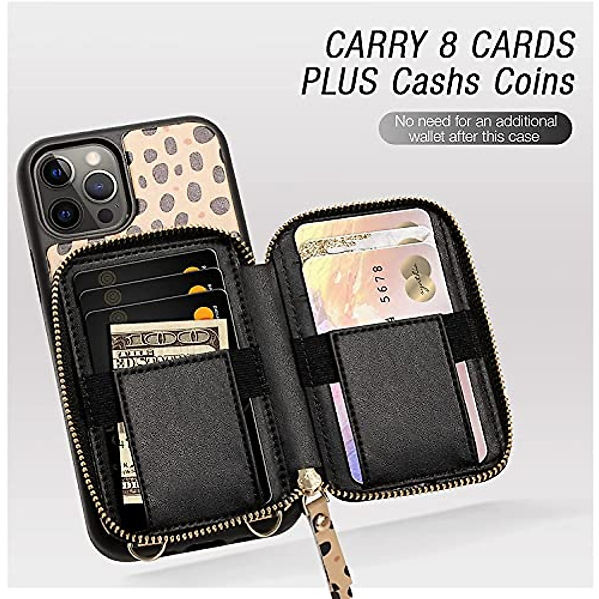 iPhone 12 Crossbody Case, ZVEdeng iPhone 12 Pro Wallet Case Card Holder Crossbody Chain Wrist Strap for Women Zipper Wallet Shockproof Leather Case Cover for iPhone 12/12 Pro 6.1'' Cheetah Print Skin