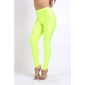 OFENTI Shiny Leggings High Waist Neon Leggings Elastic Stretch Skinny Comfy Lightweight Pants Tights Disco Party Rave Neon Yellow Medium