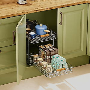 Mount Walker Individual Pull Out Cabinet Organizer(11" W x 21" D), 2 Tier Wire Basket Slide Out Shelf Storage with Wood Handle for Base Cabinet, Pull Out Shelf Drawers for Kitchen, Chrome