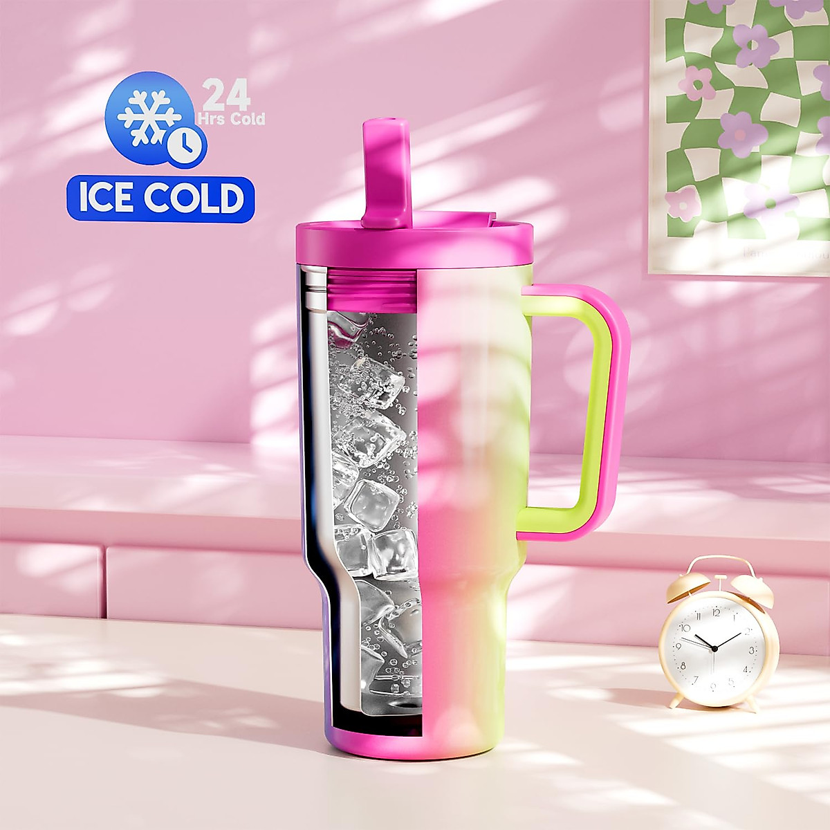 Meoky 32 oz Tumbler with Handle and Flip Straw, 100% Leakproof Tumbler with Lid and Straw, Stainless Steel Insulated Cup, Cupholder Friendly, Keeps Cold for 24 Hours (Carnival)