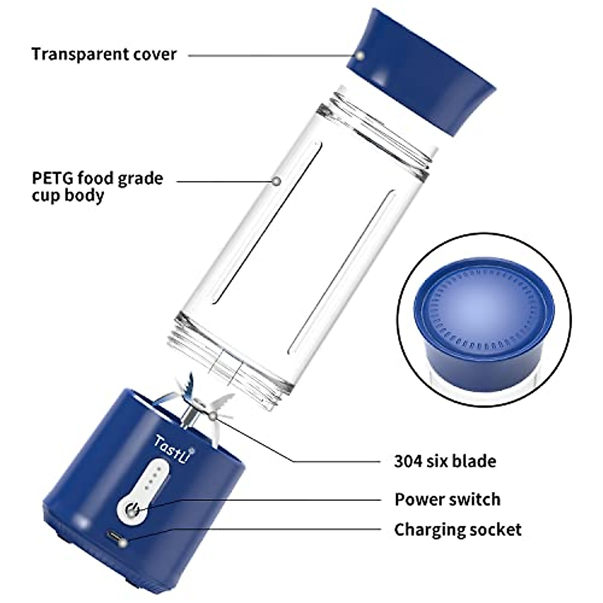 TastLi Portable Blender, USB Rechargeable, Travel Mini Personal Blender for Shakes and Smoothies, with 17 oz Blender Bottles, Waterproof, Small Juicer Cup Mixer Electric Smoothie Blender Maker (Dark blue)