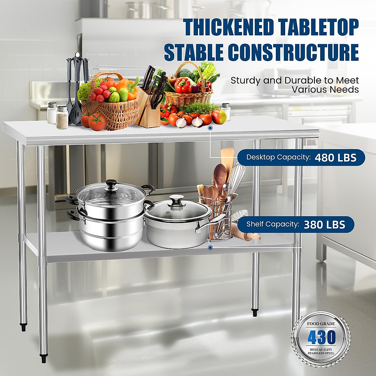 Stainless Steel Table 24 x 48 Inches Commercial Metal Work Table with Adjustable Undershelf and Bullet Feet for Kitchen Prep, Outdoor, Restaurant, Hotel & Garage