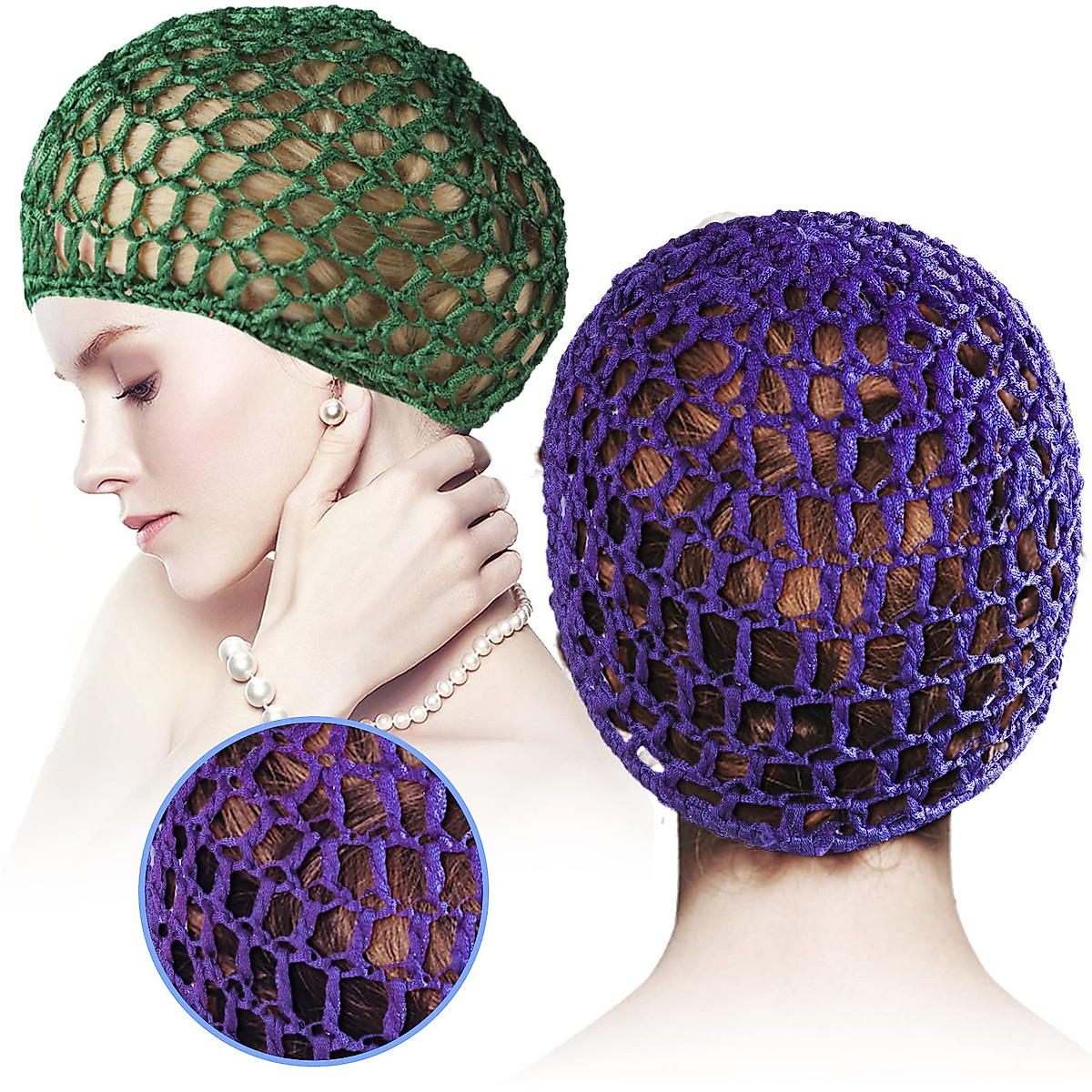 CACASO 5Pcs Mesh Hair Covers - Crocheted Snood Hats for Sleeping, Soft Rayon Knit Snoods in Pink, Black, Blue, Purple, Green