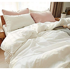 Softta Girls Bedding White Duvet Cover Full 3 Pcs Ruffle Pom-Fringe Pompoms Bohemian Bedding 100% Washed Cotton Boho Baby Teen Girls Bed Cover