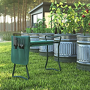 Flash Furniture Assisi Foldable Garden Kneeler Bench- Double Sided Green Foam Padding - Green Welded Iron Tube Frame - Removable Tool Bag Pouch