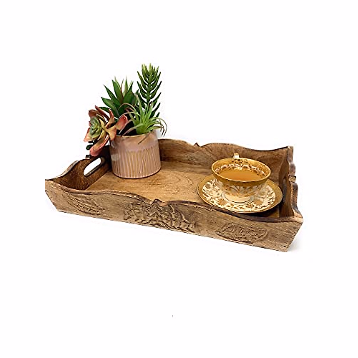 Snuglily Rustic Rectangle Farmhouse Tray Decorative Tray Hand Carved Soild Wood Antique Handcrafted Tray Ottoman Rectangle Tray 15 inch x 11 inch