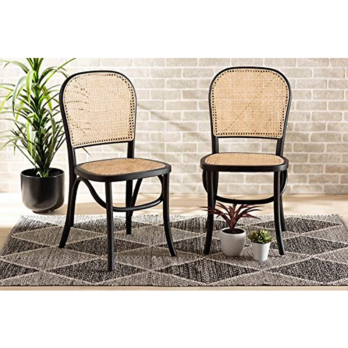 Baxton Studio Cambree Mid-Century Modern Brown Woven Rattan and Black Wood 2-Piece Cane Dining Chair Set
