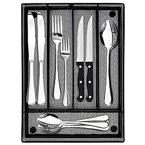 LIANYU 24-Piece Silverware Set with Steak Knives for 4, Plus Drawer Organizer, Stainless Steel Flatware Cutlery Set, Modern Eating Utensils Tableware Include Forks Sppons Knives, Dishwasher Safe