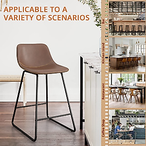 LUE BONA Bar Stools Set of 3, 24" ALX Faux Leather Barstools, Modern Counter Height Stools with Back and Metal Legs, Armless Counter Chairs for Kitchen Island, Brown