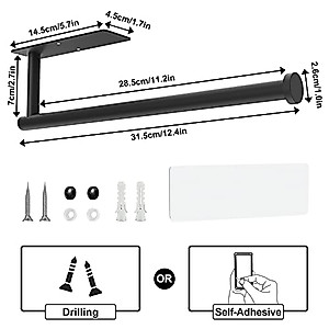 Paper Towel Holder - Self-Adhesive or Drilling, Matte Black Wall Mounted Paper Towel Rack for Kitchen, SUS304 Stainless Steel Kitchen Roll Holder Under Cabinet