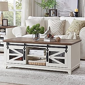 OKD 48'' Coffee Table with Storage & Sliding Barn Doors, Farmhouse & Industrial Cocktail Table w/Adjustable Shelves, Modern Rectangular Rustic Living Room Table for Meeting Room, Antique White
