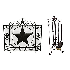 CYOIDAI Rustic Brown Western Star Metal Fireplace Screen and 5 Piece Tool Set