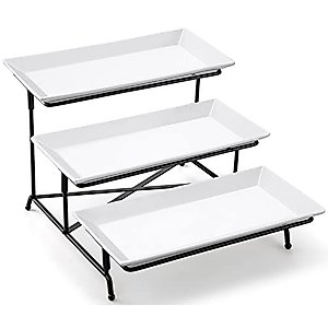 Yedio 3 Tier Serving Tray Set Porcelain Tiered Serving Trays Platters, Collapsible Sturdier Stand with Stable Cross Bars, 12 Inch Three Layer Serving for Party Entertaining Food Display Fruit Dessert