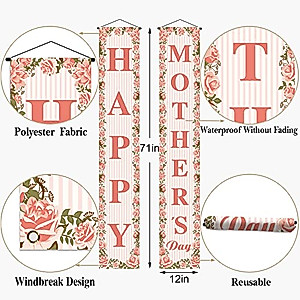 Happy Mother's Day Porch Banner I Love Mom Pink Rose Floral Holiday Party Front Door Sign Wall Hanging Banner Decoration