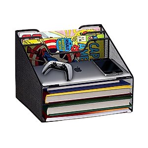 Halter Mesh Desk Accessories and Workspace Organizer, Paper Tray Organizer, 5 Compartments, 3 Letter Trays, 2 Vertical Upright Folder Holders, Paper Sorter, File Organizer for Home or Office - Black