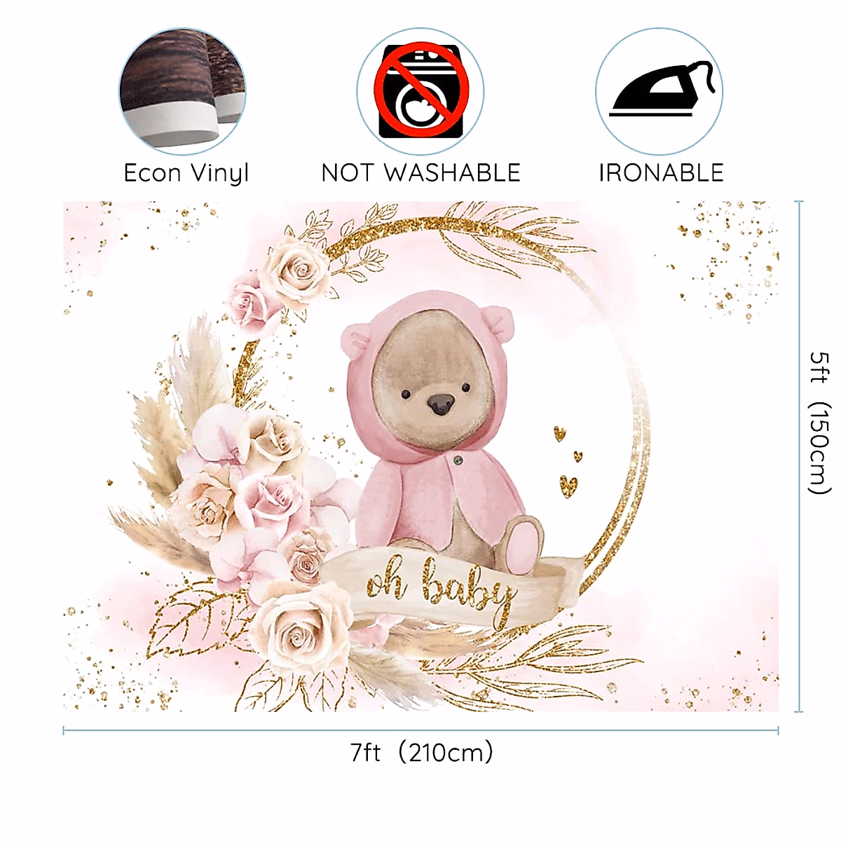 7X5FT Oh Baby Backdrop for Sweet Girl with Pink Bear Boho Rose Flower Background Baby Shower Gold Spots Photography It's a Girl Party Decorations Pink Pampas Grass Banner Photo Booth Props