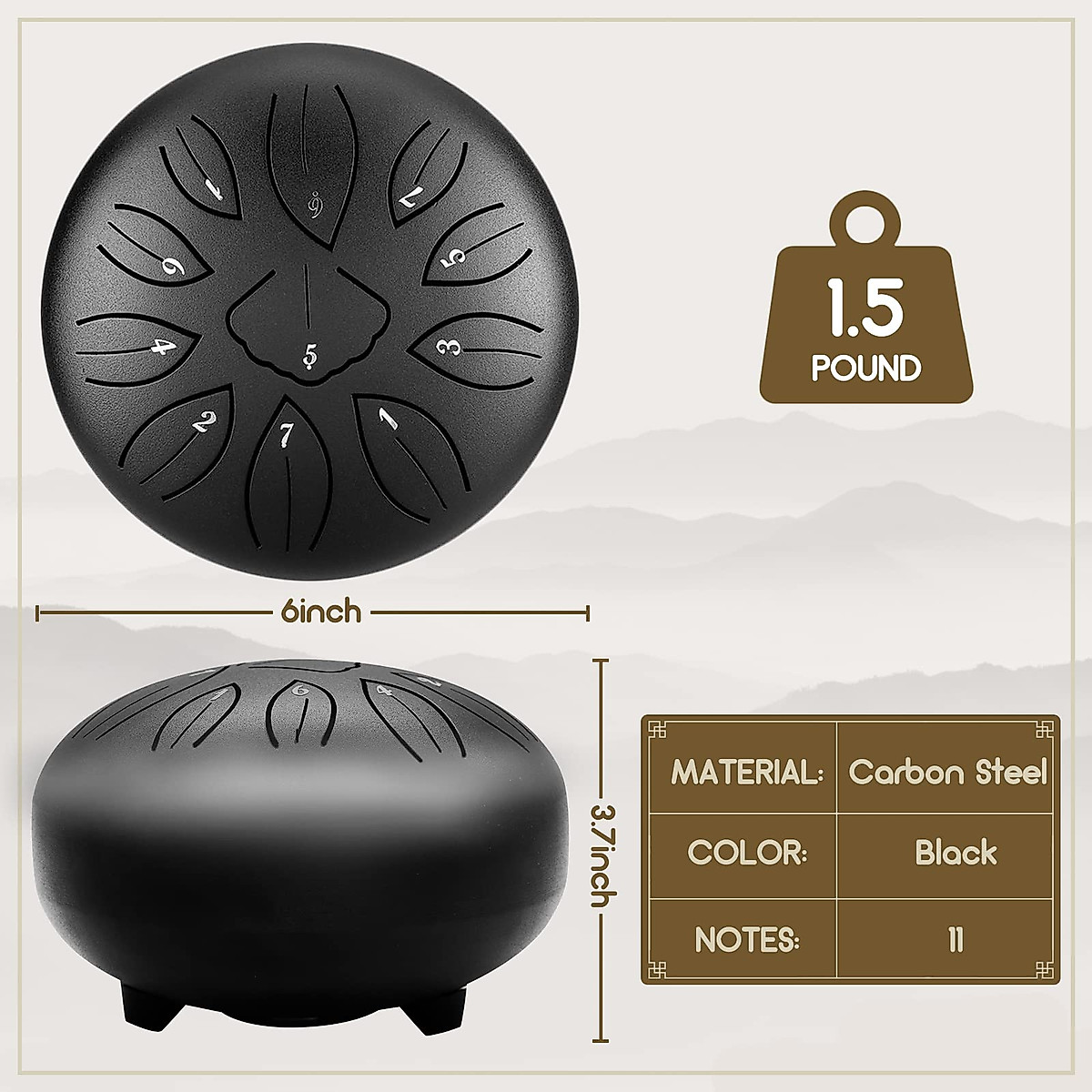 Kiddisie Steel Tongue Drum 11 Notes 6 Inch Handpan Drum Percussion Instrument with Mallets, Mallet Bracket, Finger Picks, Music Book and Travel Bag for Meditation Yoga Musical Education