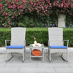 Rocking Chair Outdoor 3 Pieces High-Backed Patio Rocking Chairs Bistro Table and Chairs Set of 2 Outdoor Table and Chairs Anti-Slip Cushions, Dark Blue