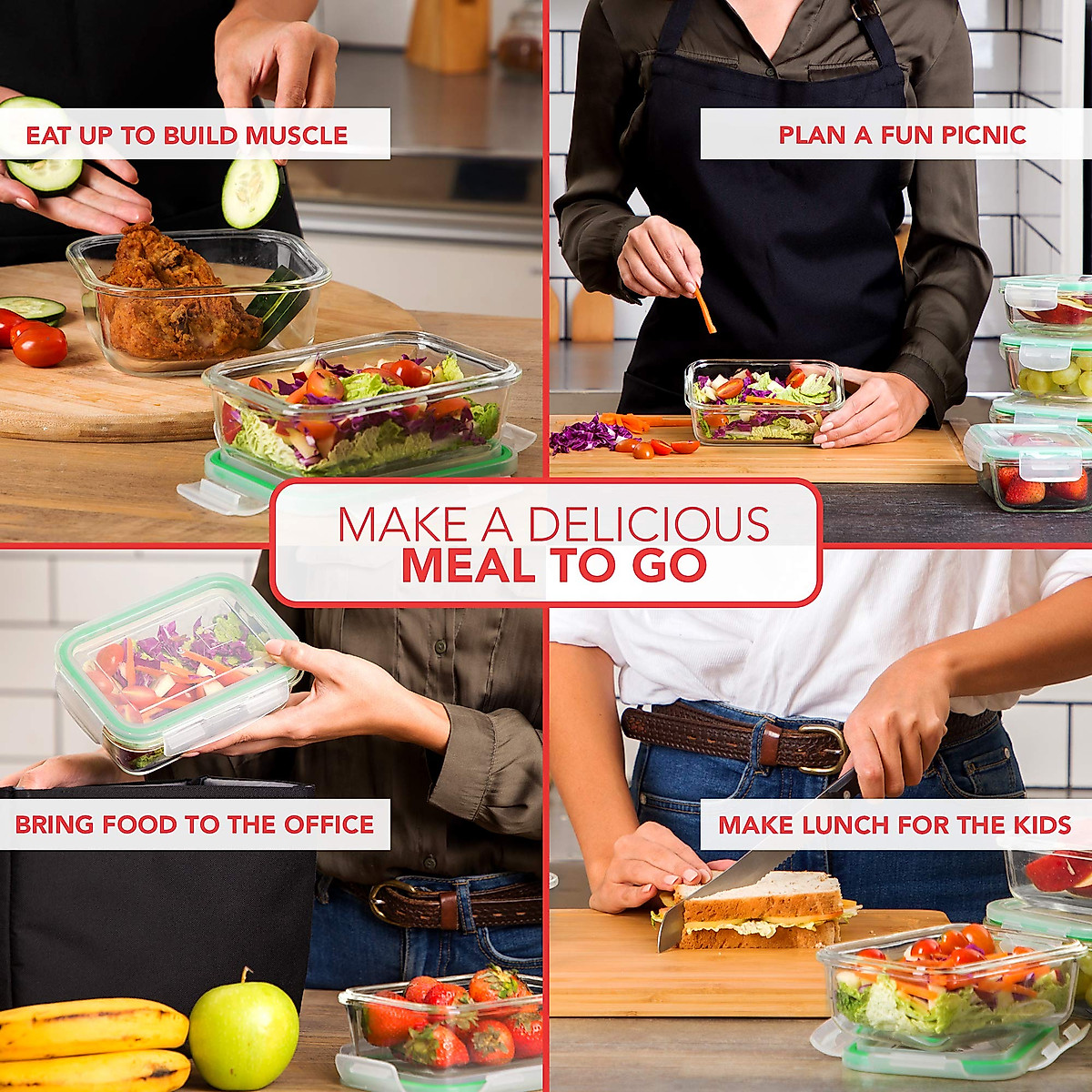 EatNeat 5-Pack of Glass Food Storage Containers with Airtight Snap Locking Lids to Keep Food Fresh Extra Large Bamboo Cutting Board Set