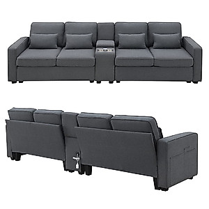 WILLIAMSPACE 114.2" Upholstered Sofa Couch for Living Room, Modern 4 Seater Sofa Fabric Couches with Storageable Coffee Table and 2 Cupholders, 2 USB Ports Wired or Wirelessly Charged (Dark Grey)