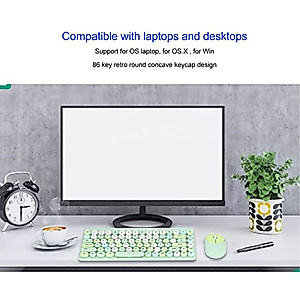 Wireless Keyboard Mouse Combo, Cute Mixed Colors 2.4G 1200 DPI 86 Keys Retro Round Concave Keycaps Tilt Panel Wireless Gaming Keyboard Mouse Combo, for Laptop Desktop MacBook MAC Windows(Green)