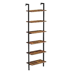 VASAGLE Industrial Ladder Shelf, 6-Tier Bookshelf, Wall Shelf for Living Room, Office, Kitchen, Bedroom, 23.6 x 11.8 x 80.6 Inches, Rustic Brown and Black ULLS103B01