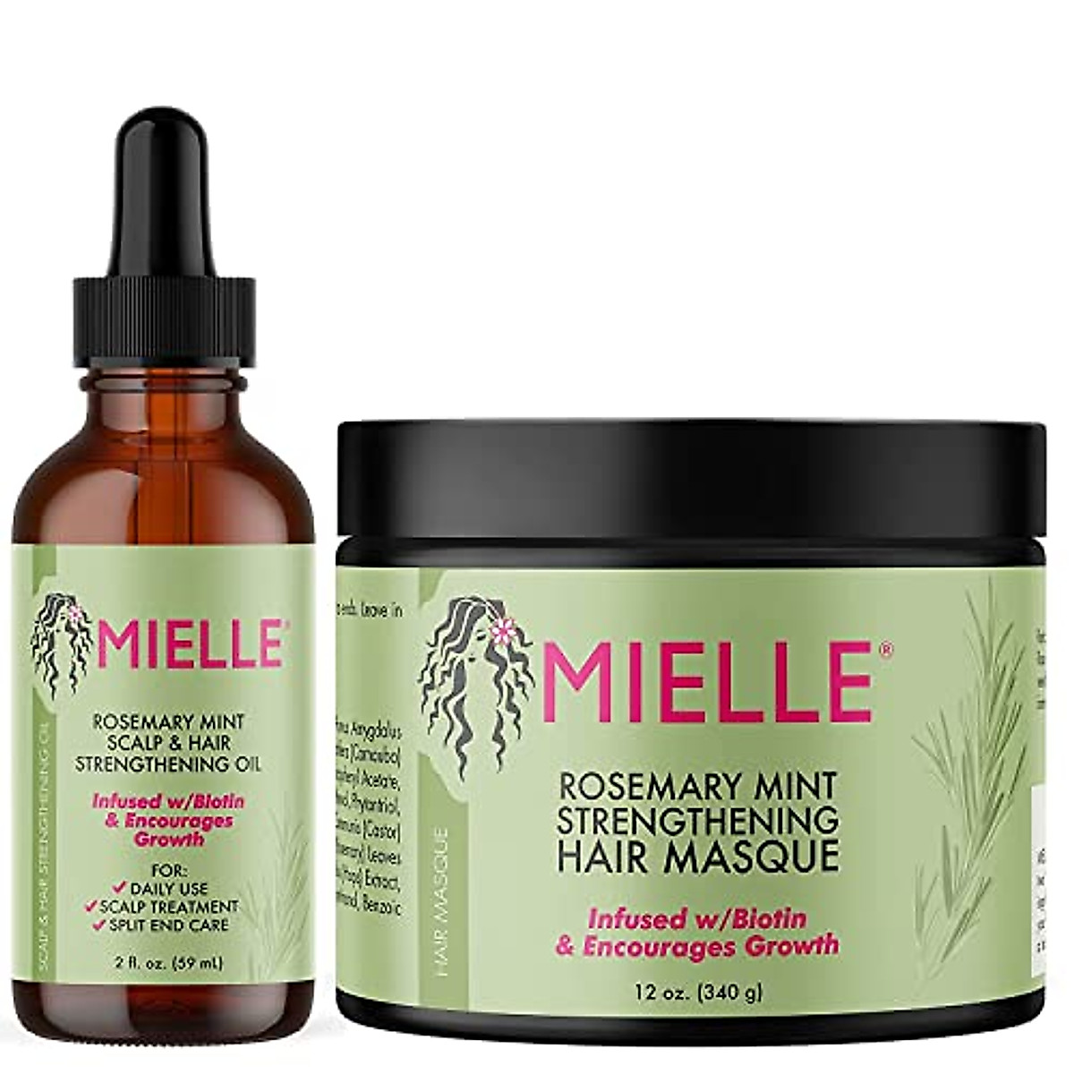 Mielle Organics Rosemary Mint Scalp & Hair Strengthening Oil with Biotin and Rosemary Mint Strengthening Hair Masque Bundle