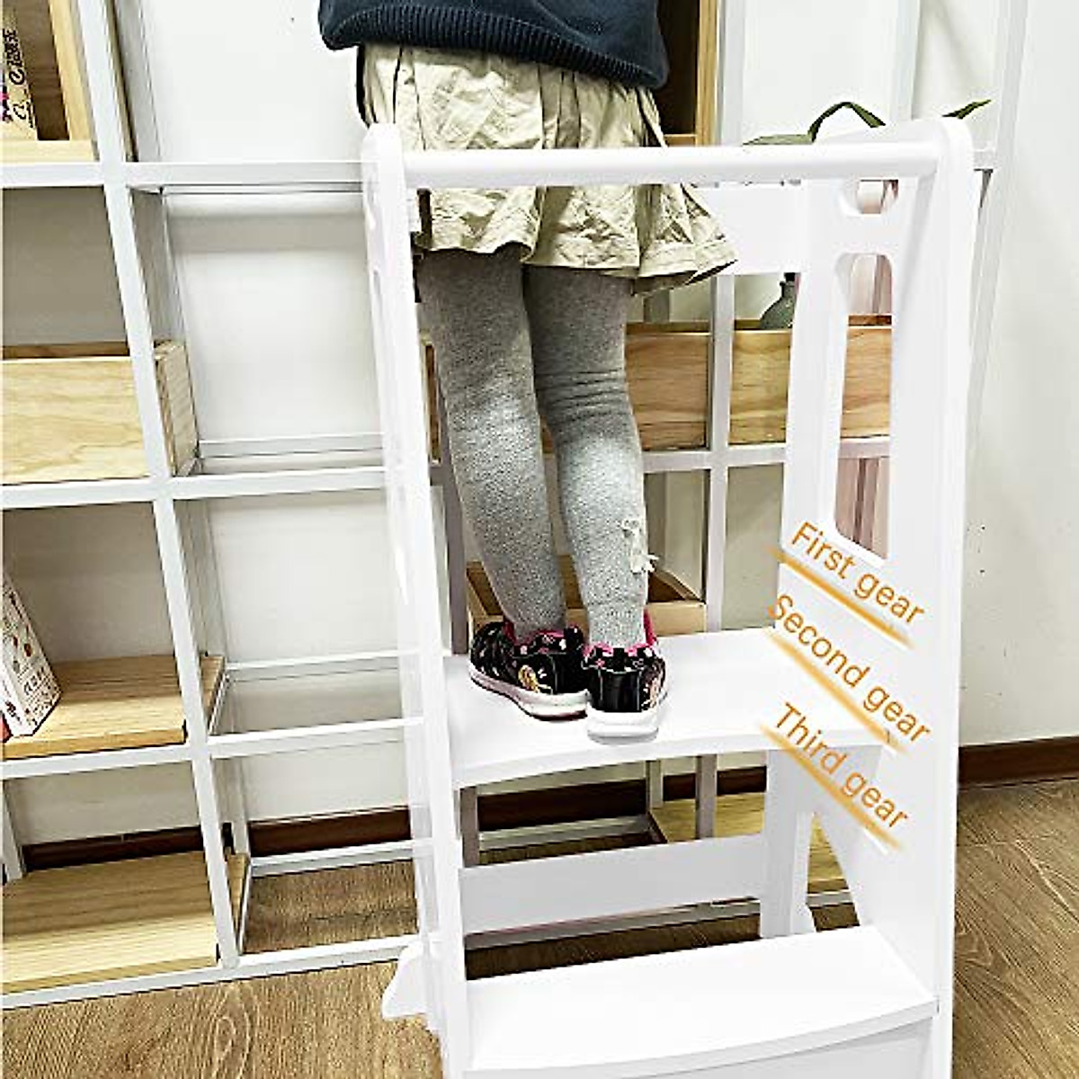 ZZBIQS Wooden Kitchen Toddler Step Stool Helper, Height Adjustable Learning Toddler Tower with Safety HandRail, Standing Tower Daycare Furniture for Kids (White)