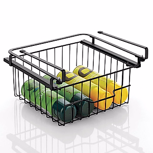 mDesign Compact Hanging Pullout Drawer Basket - Sliding Under Shelf Storage Organizer - Metal Wire - Attaches to Shelving - Easy Install - for Kitchen, Pantry, Cabinet - 2 Pack - Black